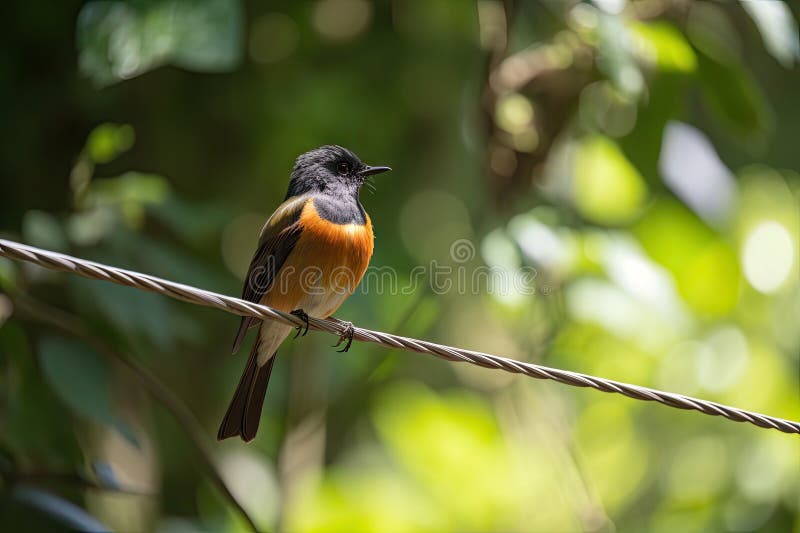 Male Redstart Bird Perched on Wire, Surrounded by Lush Greenery Stock ...