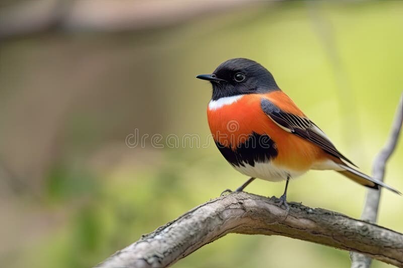 Male Redstart Bird Perching on Tree Branch, with Its Bright Red ...