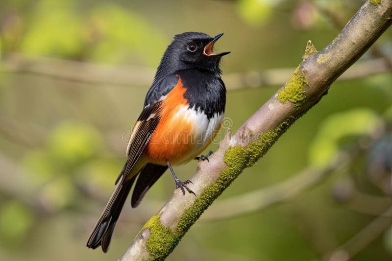Male Redstart Bird Perching on Tree Branch, Singing Its Heart Out Stock ...