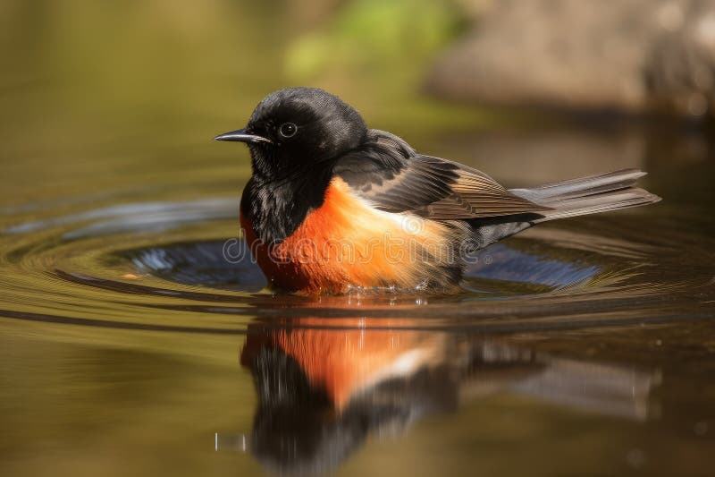 Male Redstart Bird Preening Its Feathers after a Bath in the Lake Stock ...