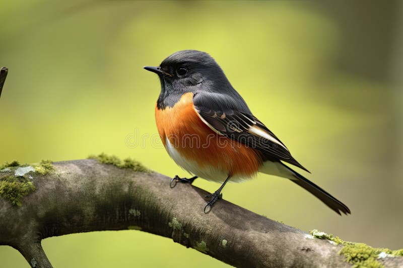 Male Redstart Bird Resting on Tree Branch, with Wings Spread Stock ...