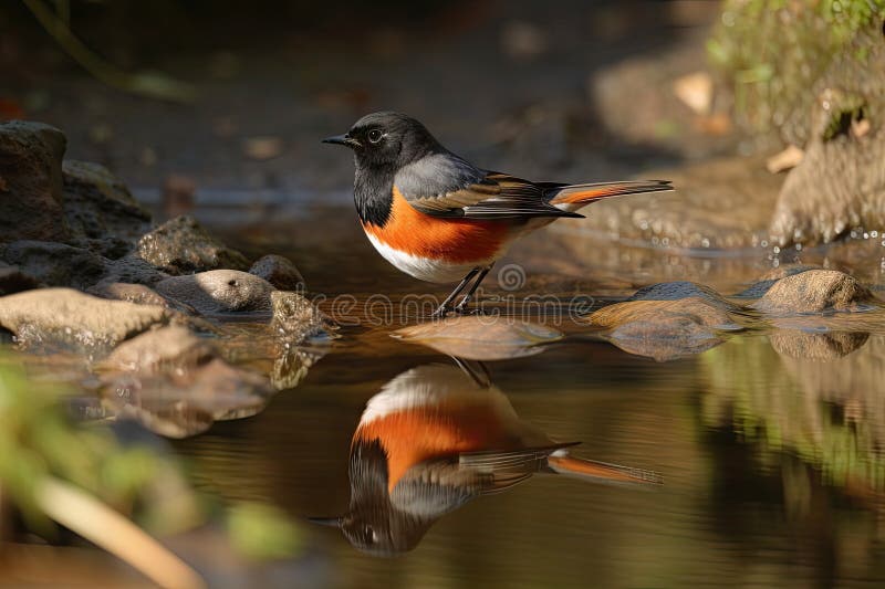 Male Redstart Bird in Shallow Stream, with Reflection Visible Stock ...