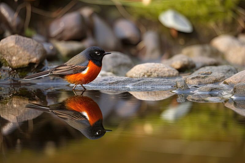 Male Redstart Bird in Shallow Stream, with Reflection Visible Stock ...