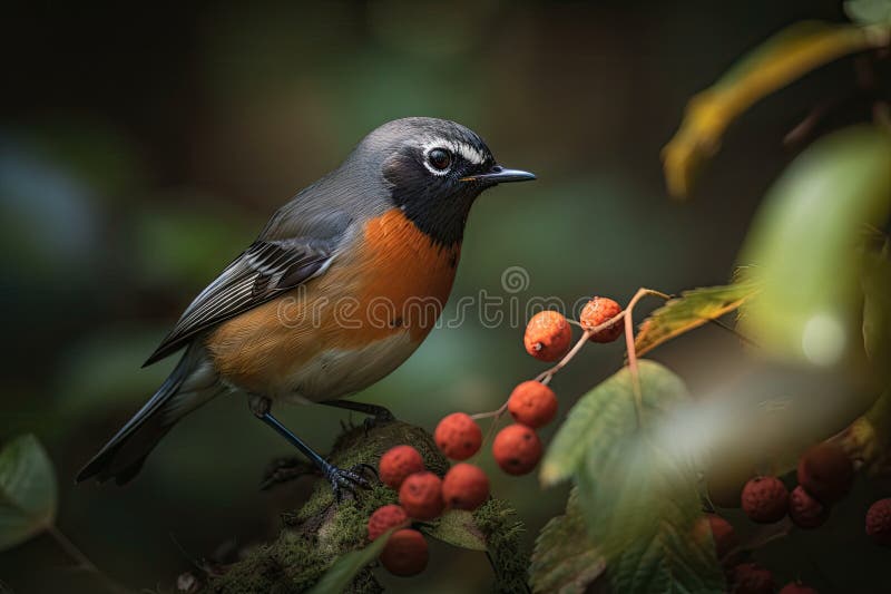 Male Redstart Feeding on Berry in the Forest Stock Illustration ...