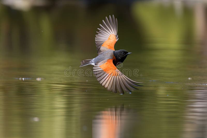 Male Redstart Bird Preening Its Feathers after a Bath in the Lake Stock ...