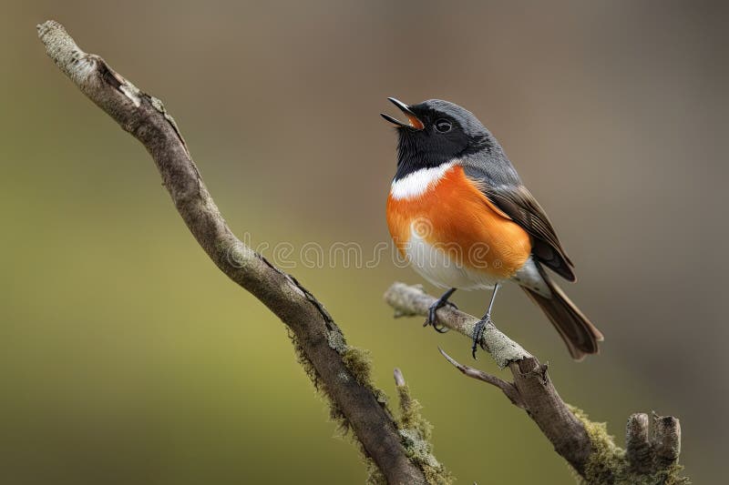 Male Redstart Perched on Twig, Singing Its Beautiful Song Stock ...