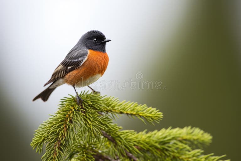 Male Redstart Singing from the Top of a Pine Tree Stock Image - Image ...