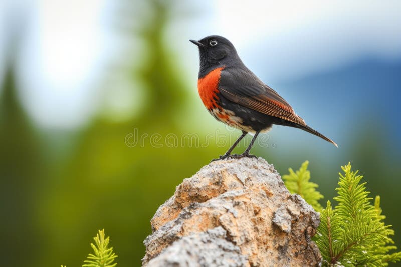 Male Redstart Singing from the Top of a Pine Tree Stock Photo - Image ...