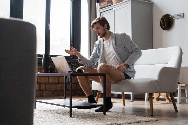 Male Remote Working from Home and Having Work Confrence Video Call ...