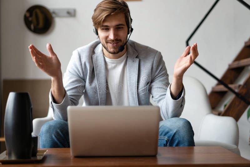 Male Remote Working from Home and Having Work Confrence Video Call ...