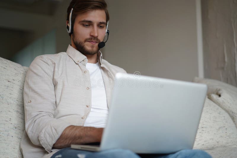 Male Remote Working from Home and Having Work Confrence Video Call ...