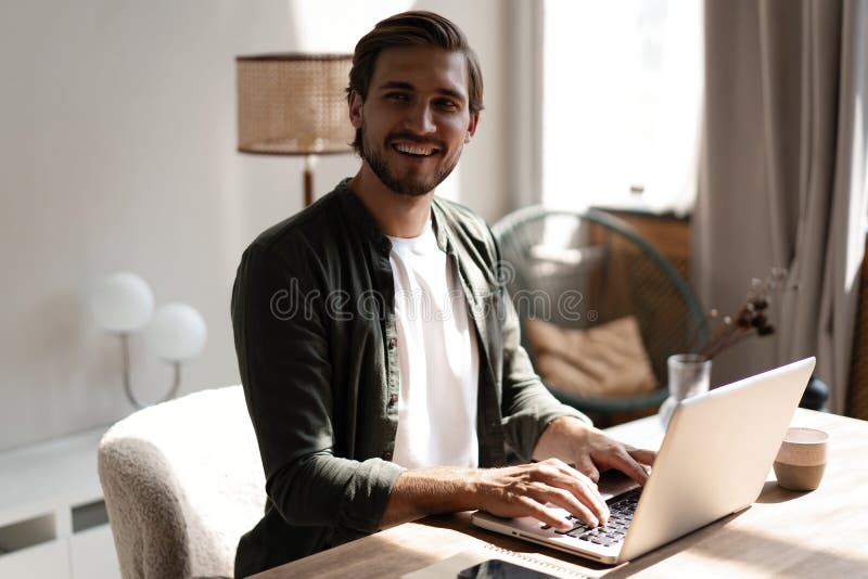 Male Remote Working from Home and Having Work Confrence Video Call ...