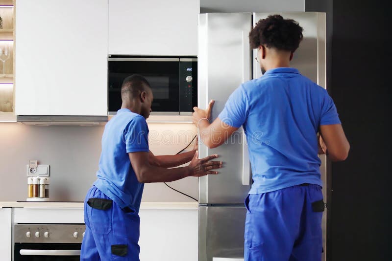 Male Repair Technician Checking Young Working Refrigerator Stock Photo ...