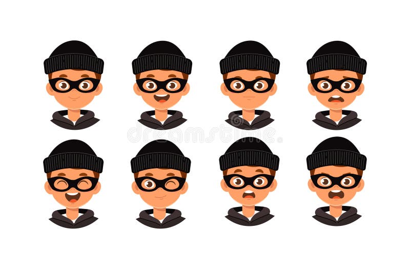 Male Robber Constructor. Man in Black Mask and Hat Different Emotions ...