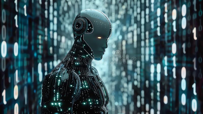 Male Robot in Digital World on Binary Code Background Stock ...