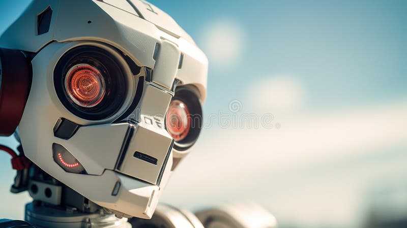 Male Robot Face Closeup on White Blurred Digital Background. Artificial ...