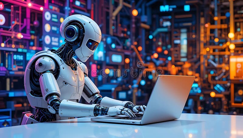 Male Robot Working on a Laptop in a Colorful Tecnology Background ...