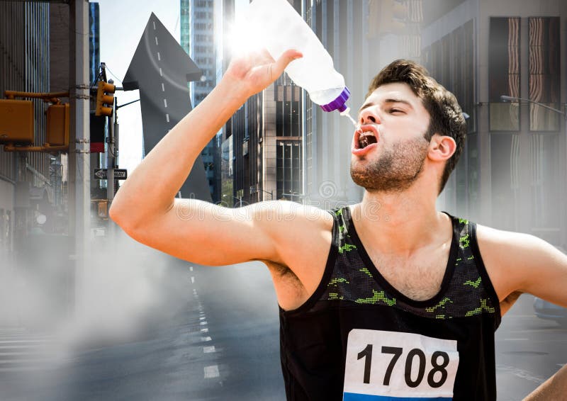 Male Runner Drinking on Arrow Shaped Road on Street Stock Image - Image ...