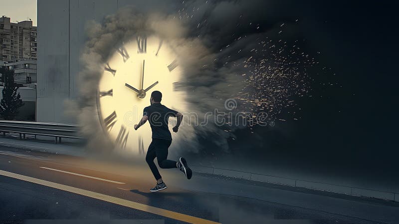 Male Runner Escaping a Giant Clock in Motion Stock Illustration ...