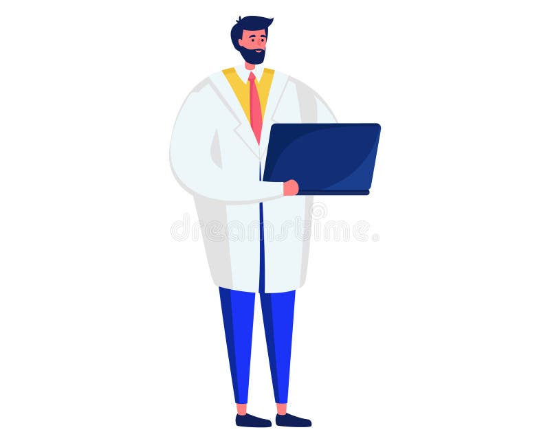 Male Scientist with Beard Holding Laptop, Standing in Lab Coat ...