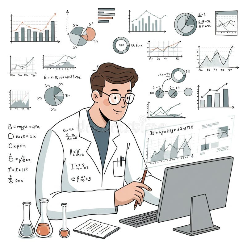 A Male Scientist in a Lab Coat Works at a Computer. Behind Him ...