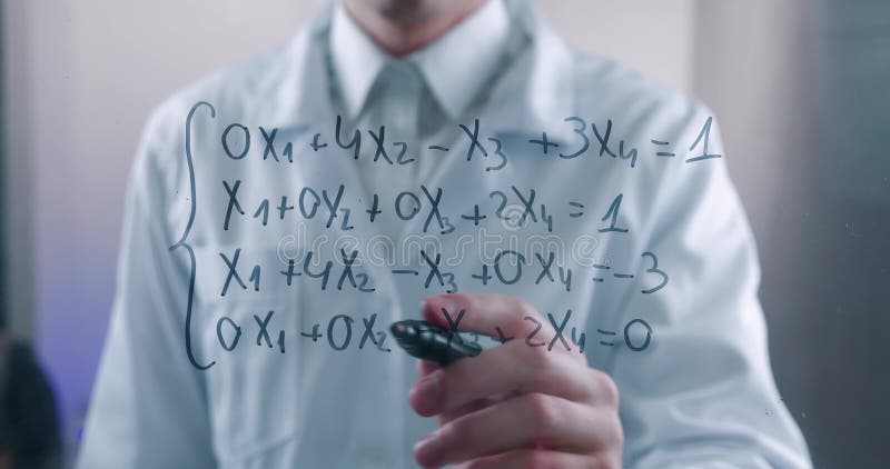 Male Scientist Thinks Over the Solution of the Equation, Drawn on a ...