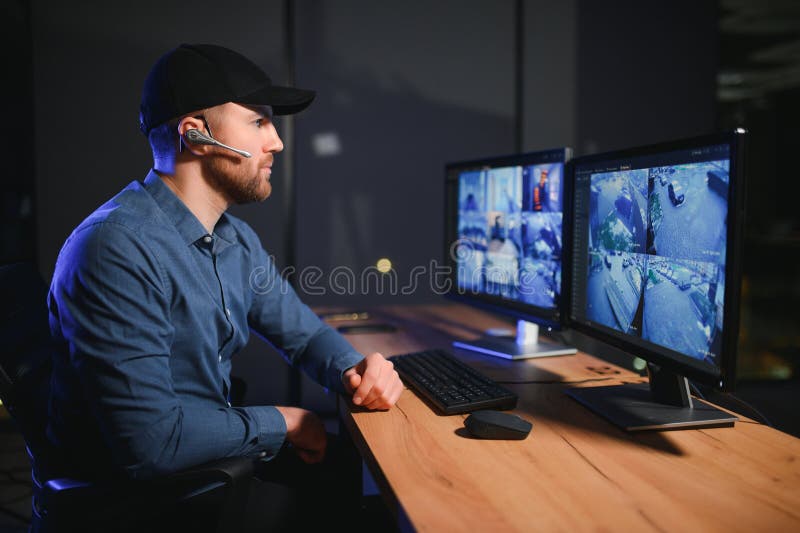 Male Security Guard in Surveillance Room Stock Photo - Image of ...