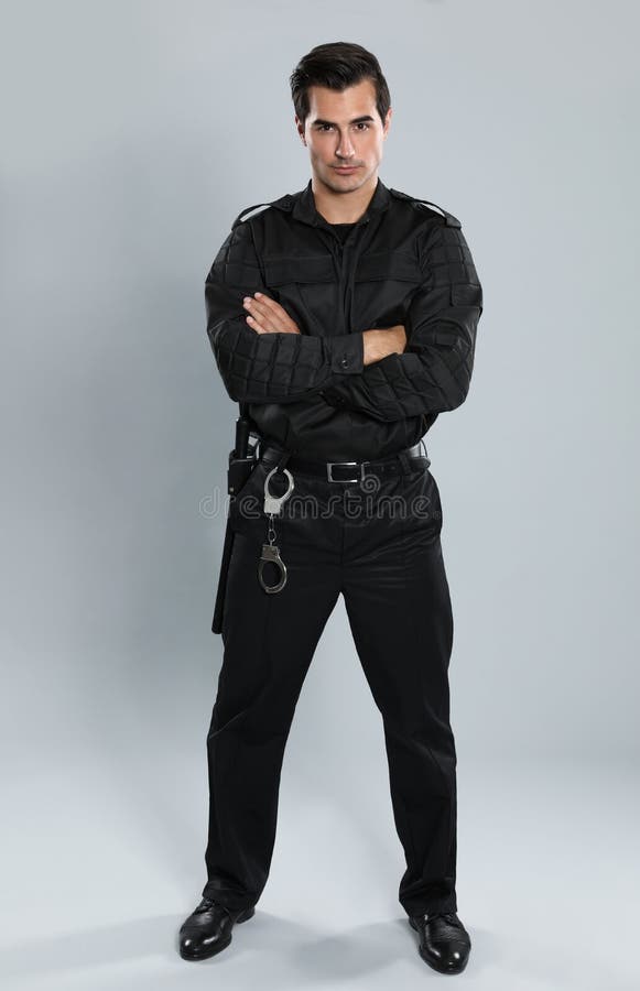 Full Body Portrait of Security Guard Man Standing with Grey Background ...