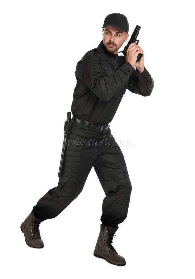 Male Security Guard in with Gun on White Background Stock Photo - Image ...