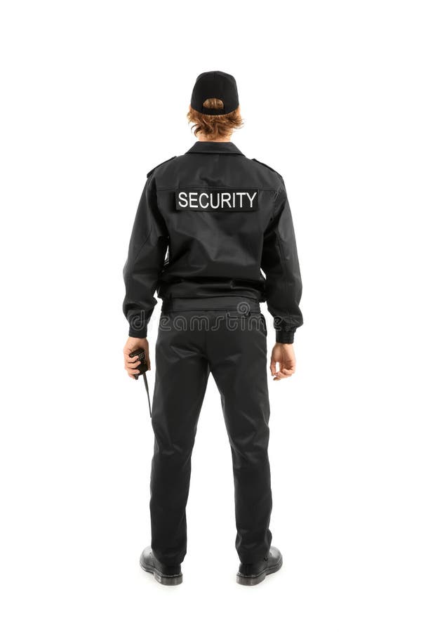 Male Security Guard on White Background, Back View Stock Image - Image ...