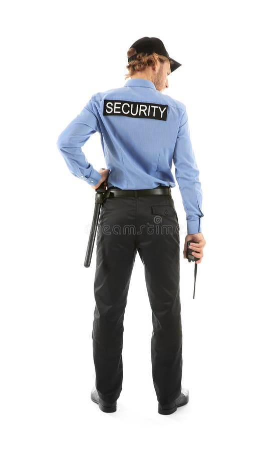 Male Security Guard on White Background, Back View Stock Image - Image ...