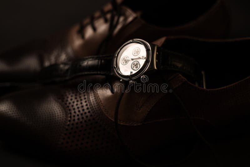 Male shoes and watch stock photo. Image of elegance, pouch - 97115512