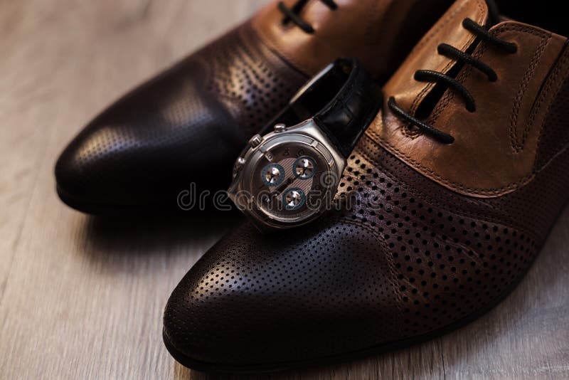 Male shoes and watch stock photo. Image of extravagance - 97115704