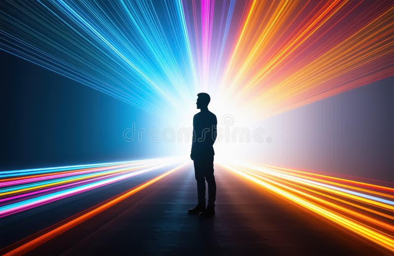 Male Silhouette Amidst Vibrant Multicolored Light Rays in Futuristic ...