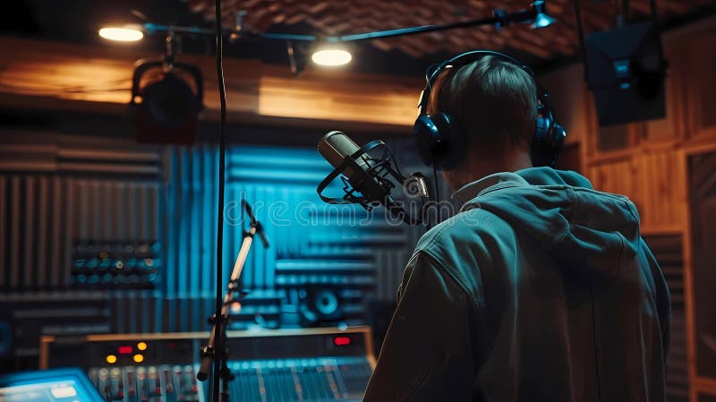 Male Singer with Headphones and Microphone in Recording Studio, Back ...