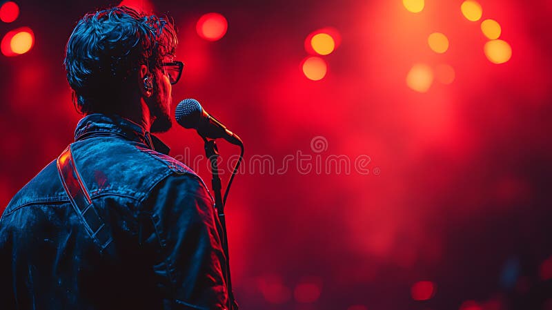 Male Singer Performing on Stage, Lit by Red Spotlights Stock ...
