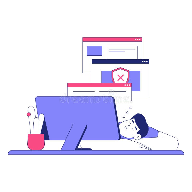 Male Sleeping at Desk with Error Screens on Computer in Flat Vector ...