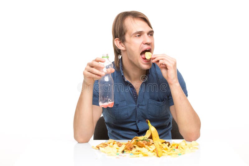 Man Eating a Banana. on the Table a Lot of Dirt Stock Image - Image of ...