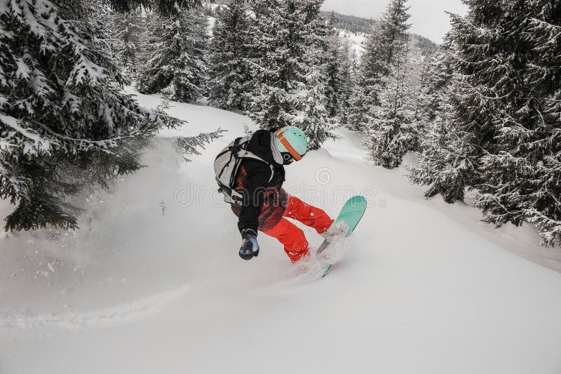Male Snowboarder Riding Down the Hill between Trees Stock Photo - Image ...