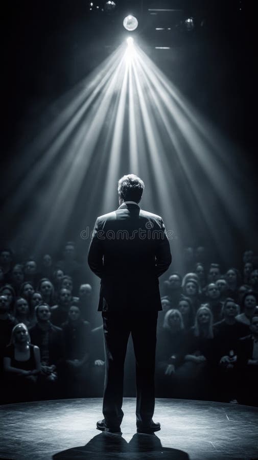 Male Speaker on Stage Under Spotlight Facing Audience in Black and ...