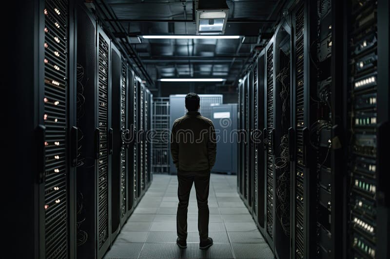 Male Engineer in Server Room. Data Center Maintenance. Generative AI ...