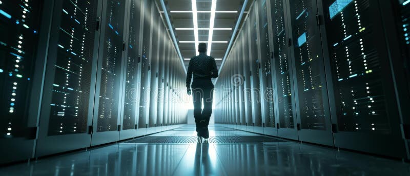 A Male It Specialist Walks Between Rows Of Operational Server Racks In A Data Center A Male