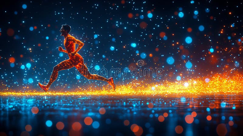 Male Sprinter Running Energetically, Surrounded by Vibrant Glowing ...