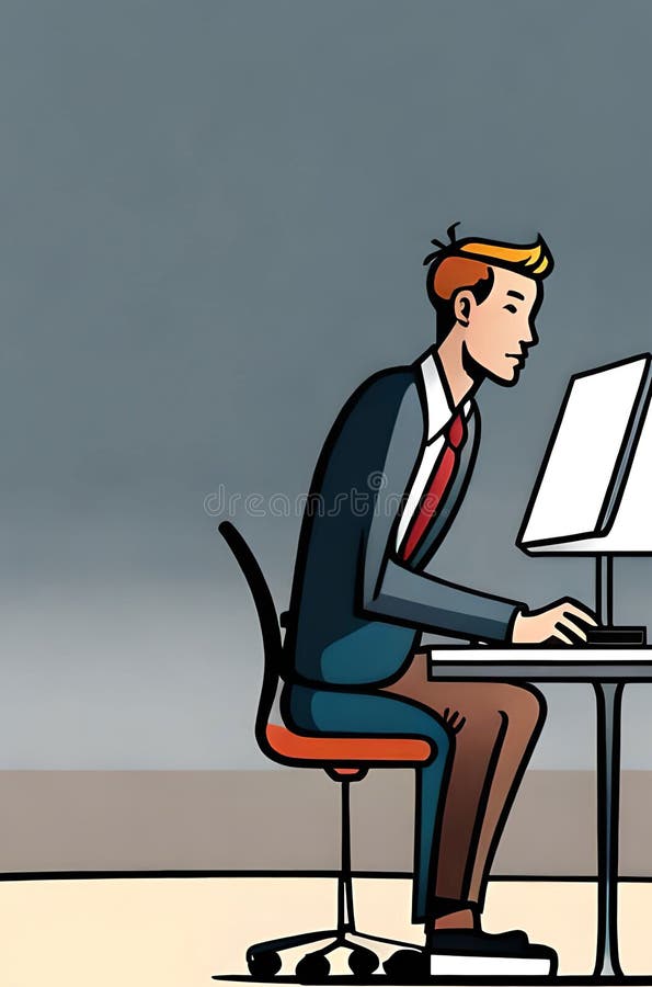 A Male Staff Wearing a Suit is Working on a Computer at His Desk. Comic ...