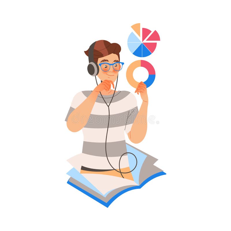 Male Student Character with Headphones Holding Chart Learning Vector ...