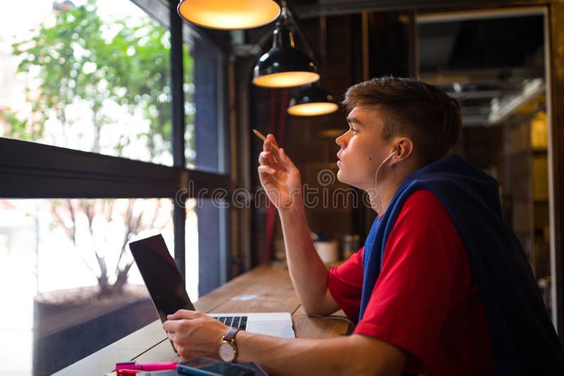 Male Student Having Online Learning Via Notebook Stock Image - Image of ...