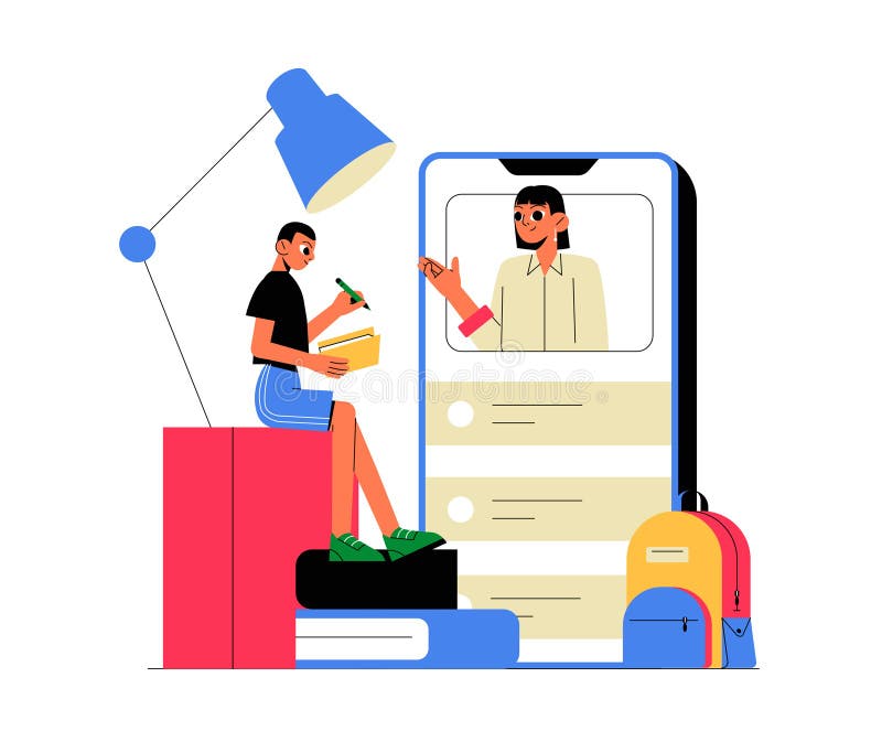 Online Learning Scene with Male Student and Teacher in Flat Vector ...