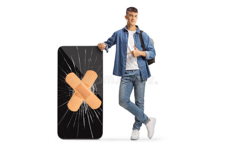 Male Student Leaning on a Broken Mobile Phone Fixed with a Bandage and ...