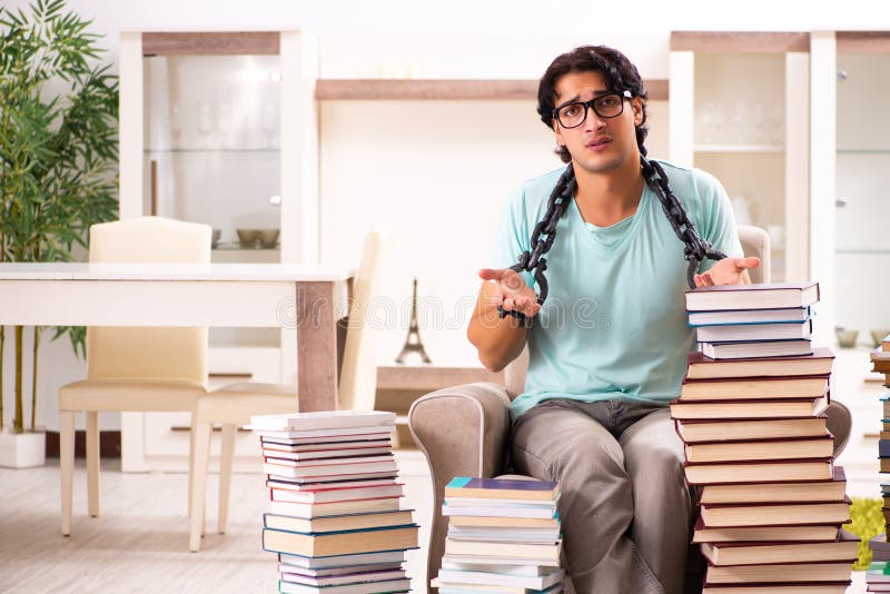 The Male Student with Many Books at Home Stock Photo - Image of ...