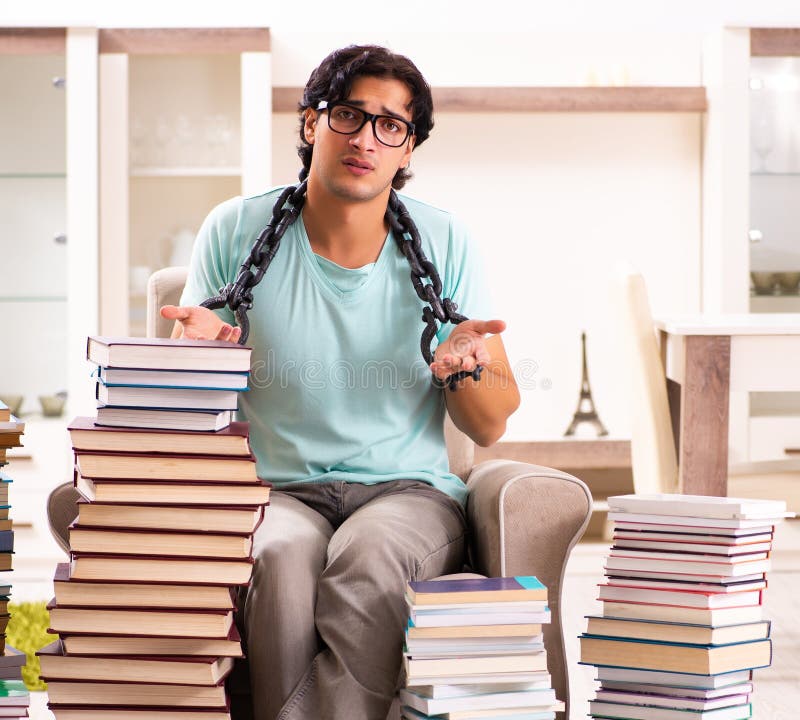 Male Student with Many Books at Home Stock Image - Image of chain ...